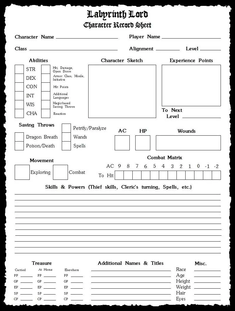 Labyrinth Lord Character Sheet - Mithgarthr Entertainment | Labyrinth ...