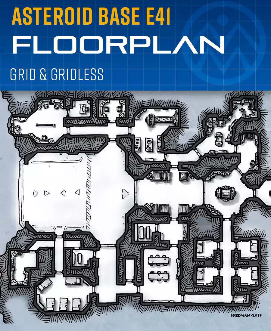 Asteroid Base E41 - Sci-fi Floorplan - Miska's Maps | Miska's Maps - OSR Sci-Fi Maps | DriveThruRPG