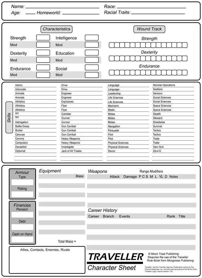 Mongoose Traveller Character Sheet - Moon Toad Publishing | DriveThruRPG