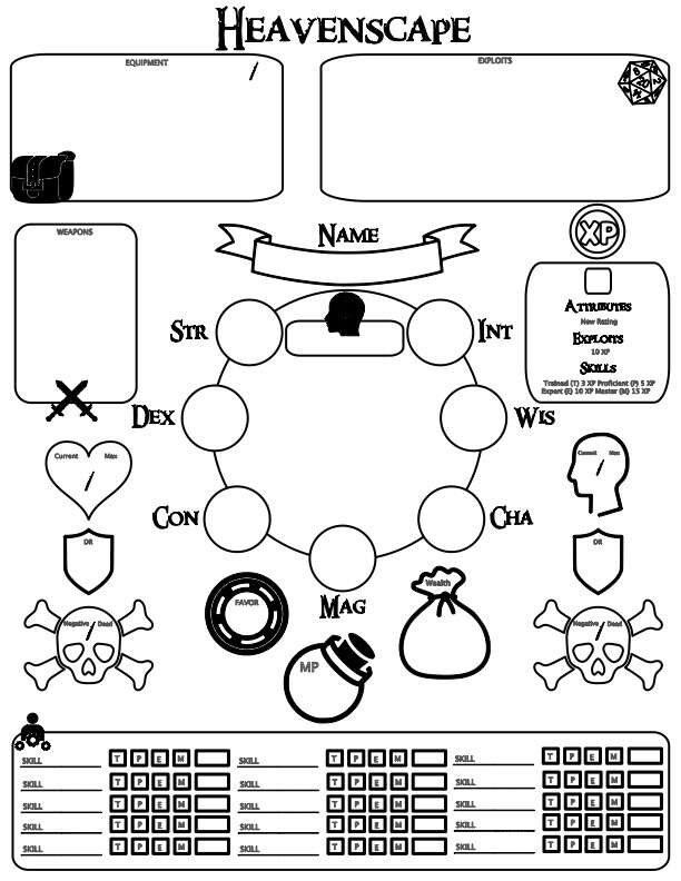 Heavenscape Character Sheet - Saturday Night Gaming | DriveThruRPG
