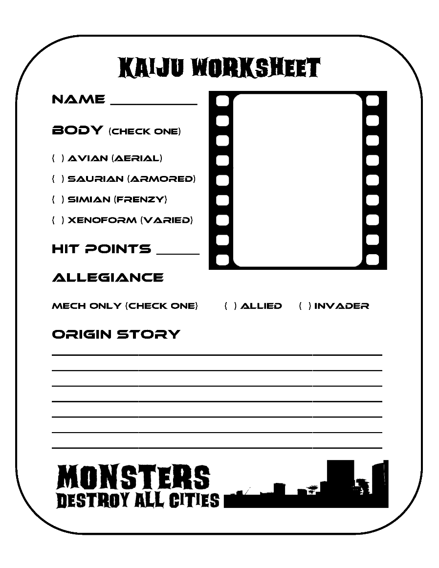 Monsters Destroy All Cities Kaiju Worksheet - Olde House Rules ...