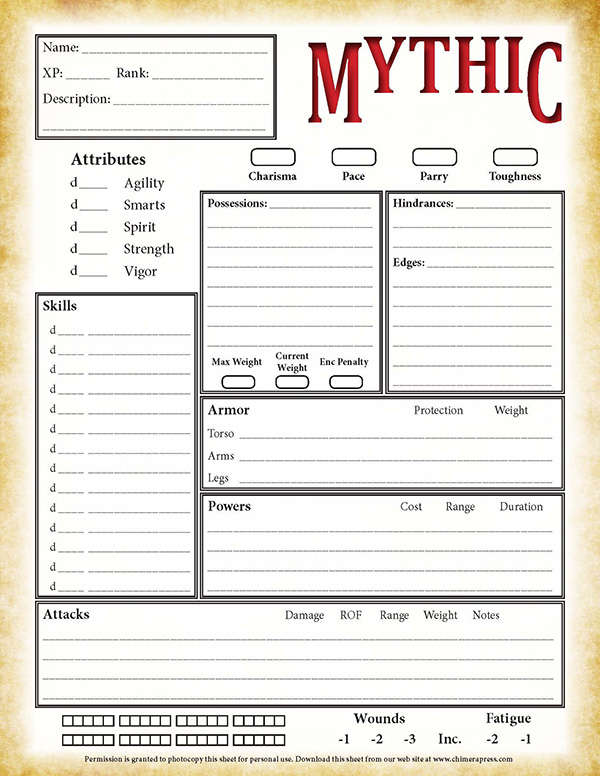Mythic: Character Sheet - Chimera Press | DriveThruRPG