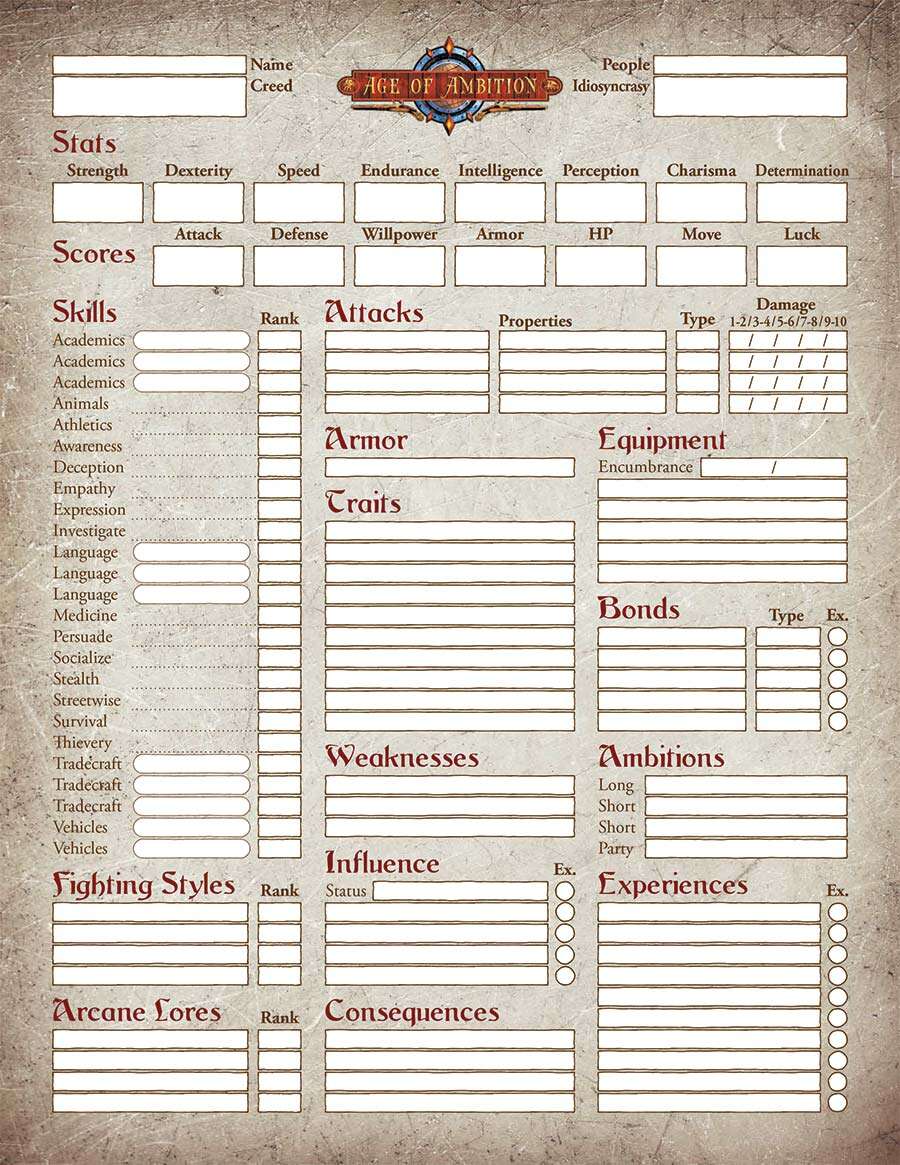 Age of Ambition: Character Sheets & Lifepath Sheets - Tab Creations ...