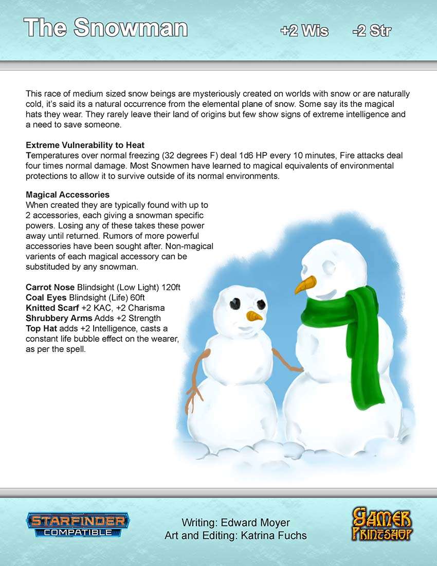 Snowman - Gamer Printshop | Starfinder Roleplaying Game Compatible ...