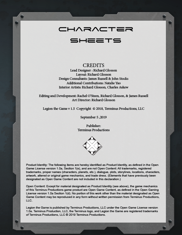 Character Sheets - Terminus Productions | DriveThruRPG