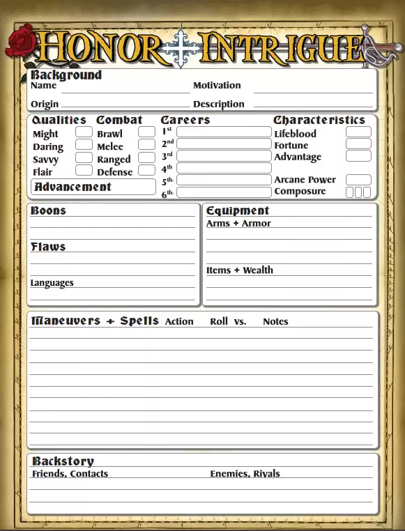 Honor + Intrigue: Form Fillable Character Sheets 2 - Basic Action Games ...