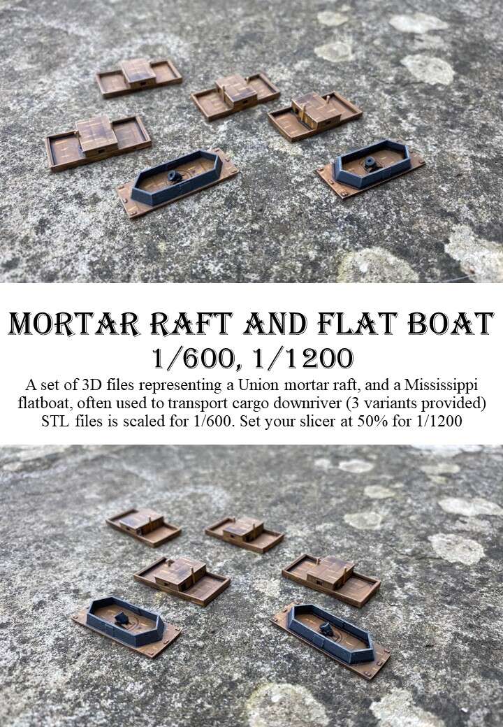Mortar Raft and Flatboat, 1/600 and 1/1200 - Long Face Games | DriveThruRPG