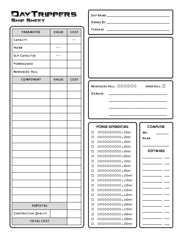 DayTrippers Ship Sheet - As If Books | DayTrippers | DriveThruRPG