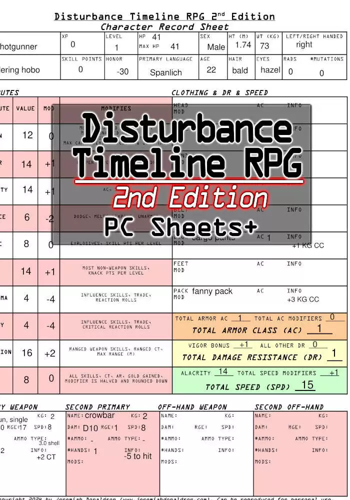 Disturbance Timeline RPG 2nd Edition: PC Sheets+ - Ephiroll Productions | DTR2E | DriveThruRPG