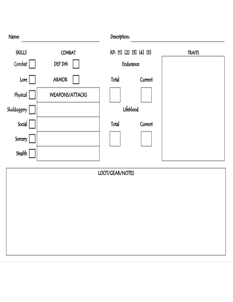 Character Sheet & Pregens For Death Stalkers of Antediluvia - Magic Pig ...