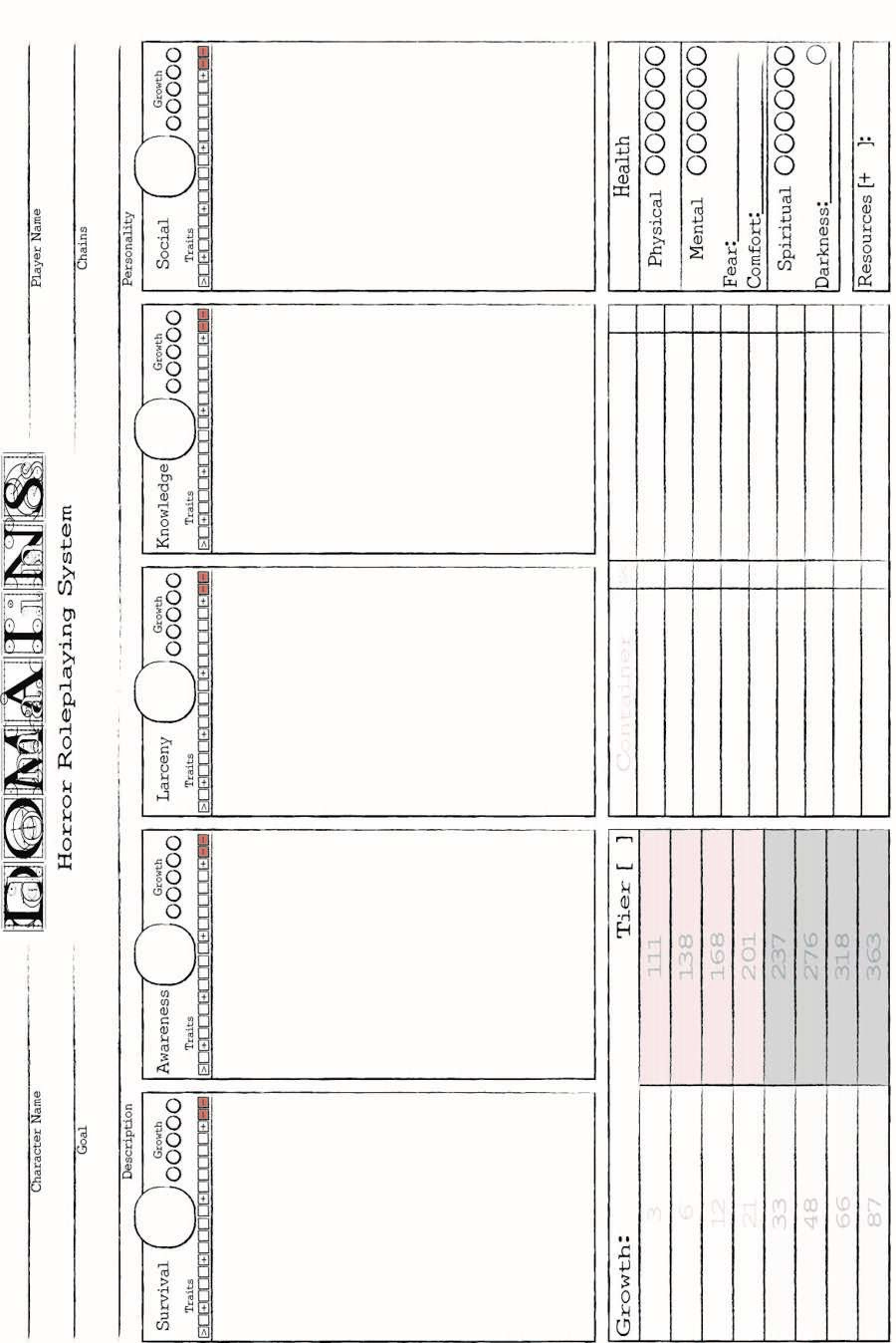 Domains Horror Roleplaying System Character Sheet - Ordoalea | DriveThruRPG