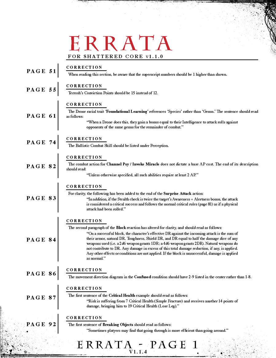 Shattered Core v1.1.0 Errata - It's Never Dark Enough | DriveThruRPG