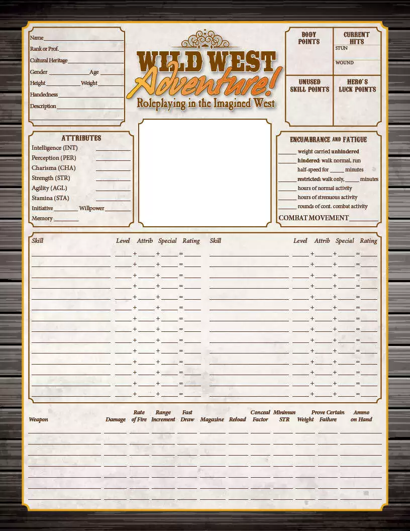 Wild West Adventure! Character Sheet - J.B.K. Game Design | DriveThruRPG