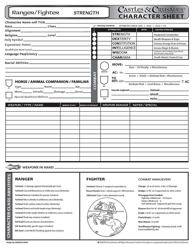 Character Reference Sheets Goldenrod - Troll Lord Games | Castles and ...