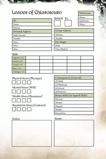 LoC: Renaissance, Fate RPG Character Sheets - Bennett-Burks Design ...