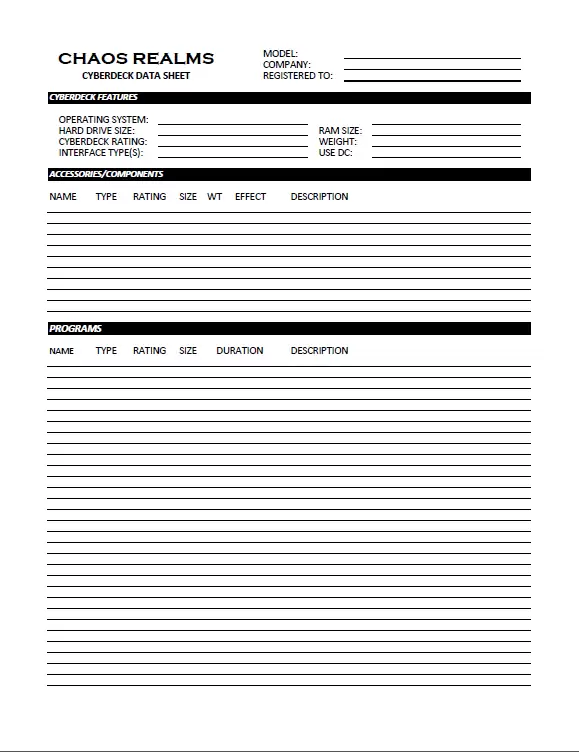 Cyberdeck Data Sheet - Chaotic Productions LLC | DriveThruRPG