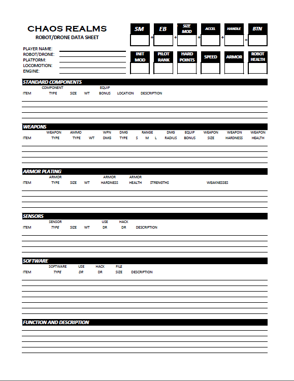 Robot Data Sheet - Chaotic Productions LLC | DriveThruRPG