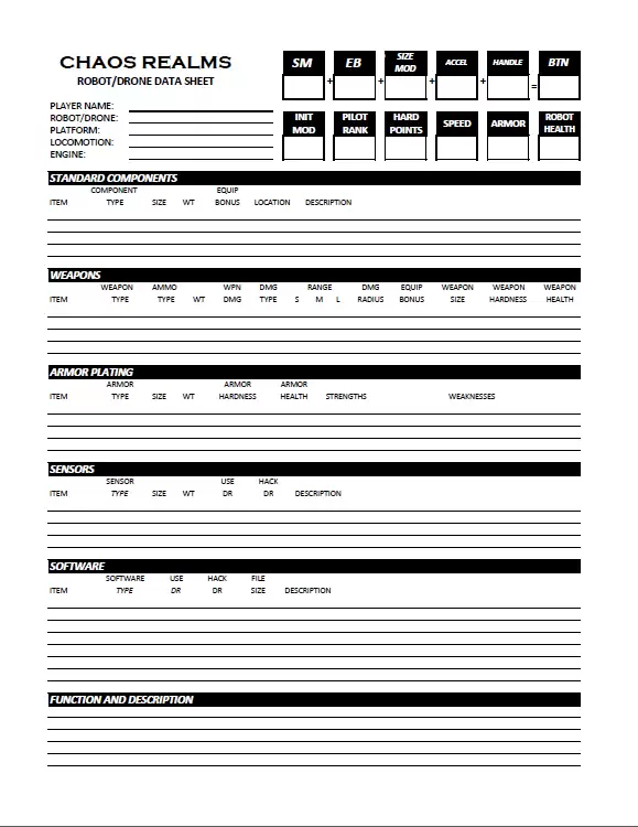 Robot Data Sheet - Chaotic Productions LLC | DriveThruRPG