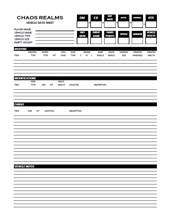 Vehicle Data Sheet - Chaotic Productions LLC | DriveThruRPG