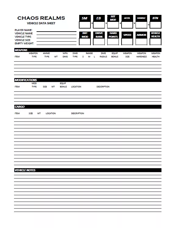 Vehicle Data Sheet - Chaotic Productions LLC | DriveThruRPG