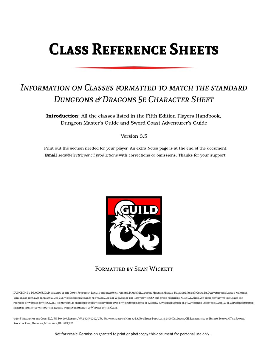 D&D 5e Class Reference Sheets - Dungeon Masters Guild | DriveThruRPG