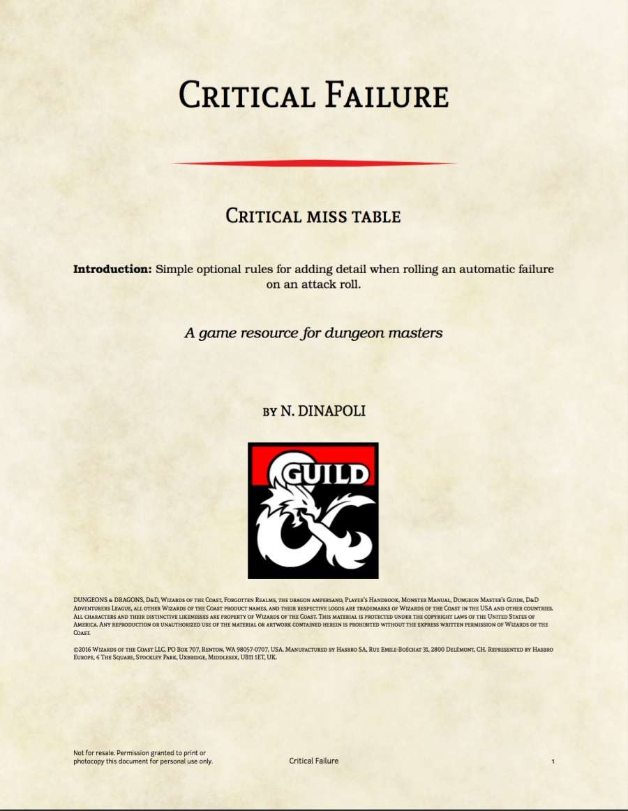 Simple Critical Miss Table - Dungeon Masters Guild | DriveThruRPG
