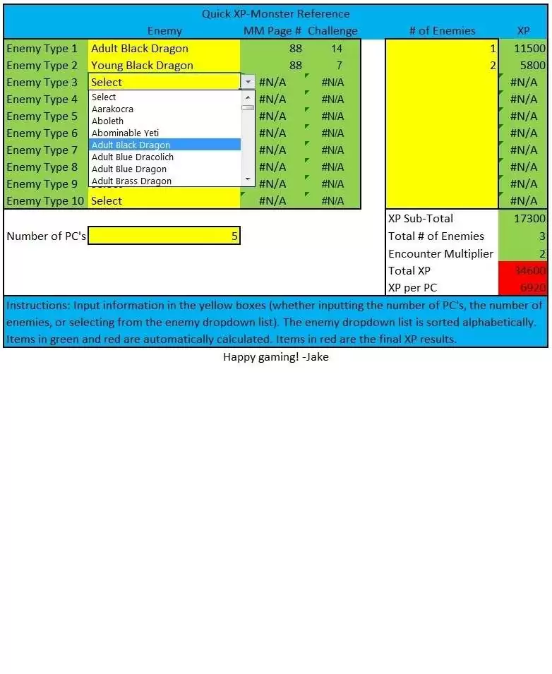 Quick XP-Monster Reference - Dungeon Masters Guild | DriveThruRPG