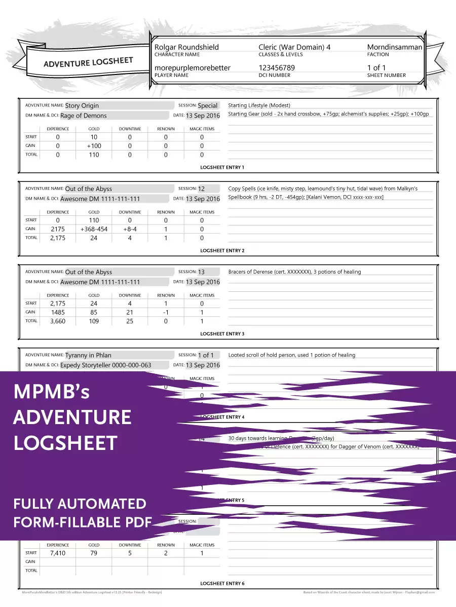 Adventure Logsheet - MPMB's fully-automated Printer Friendly version ... Adventure Logsheet - MPMB's fully-automated Printer Friendly version ...