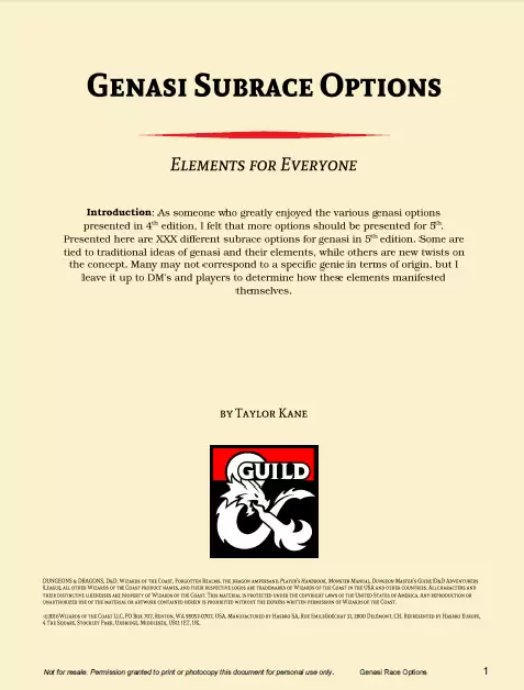 Genasi Subrace Options - Dungeon Masters Guild | DriveThruRPG