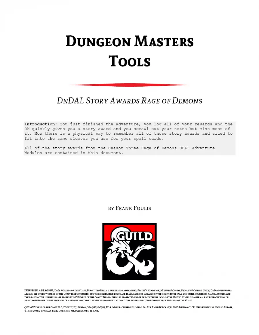 Dungeon Master Tools: DnDAL Story Awards Rage of Demons - Dungeon ...
