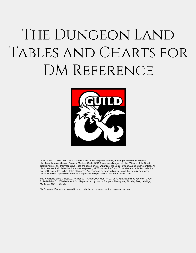 The Dungeon Land Tables and Charts for DM Reference - Dungeon Masters ...