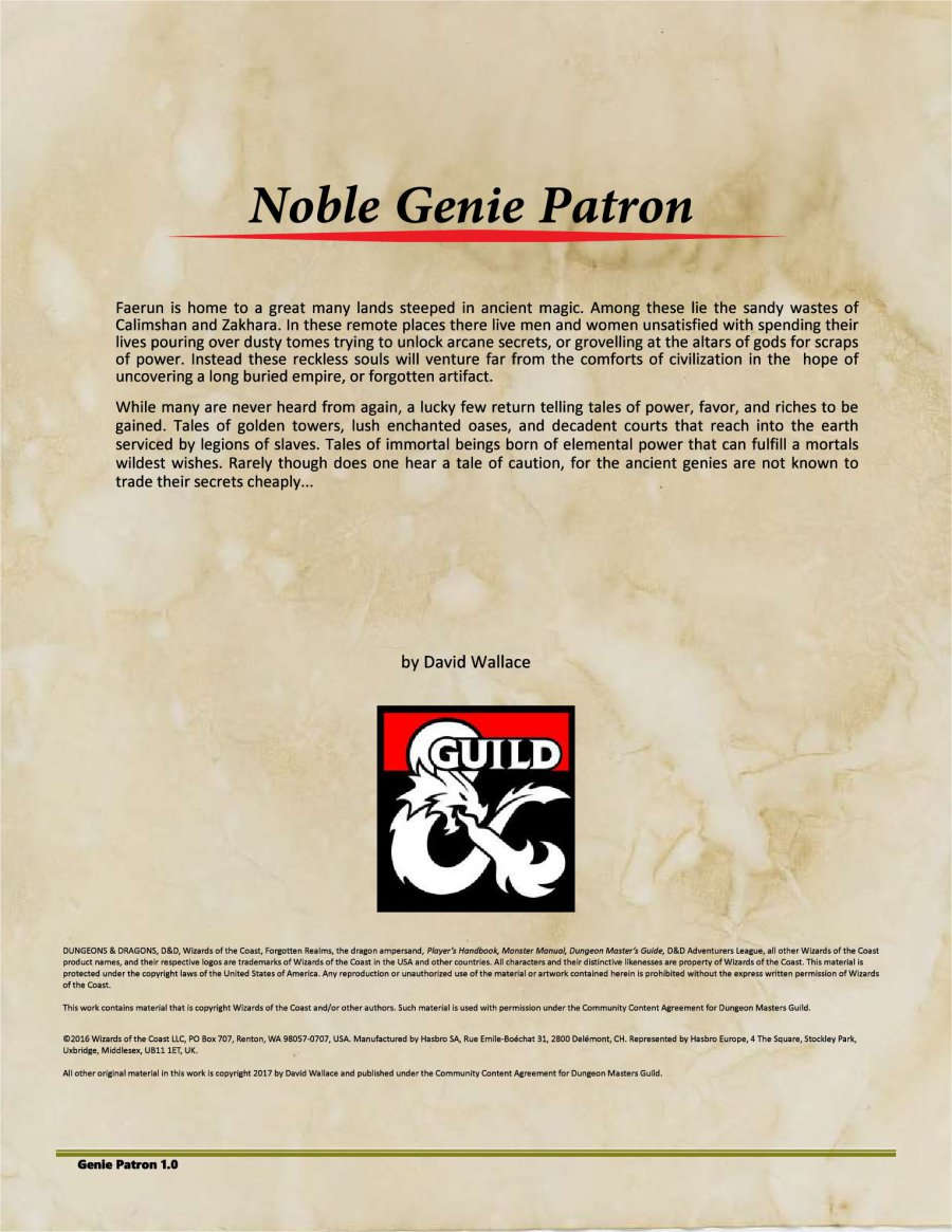 Warlock Patron: Noble Genie - Dungeon Masters Guild | DriveThruRPG