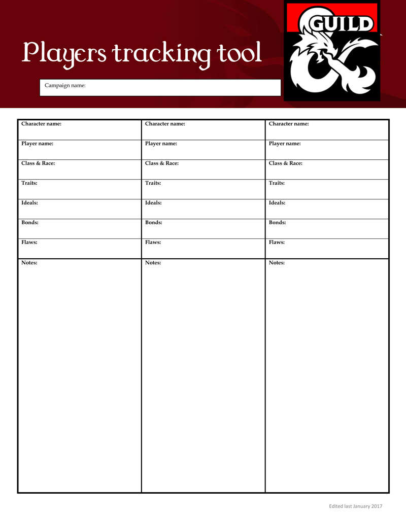 Player tracking sheet - Dungeon Masters Guild | DriveThruRPG