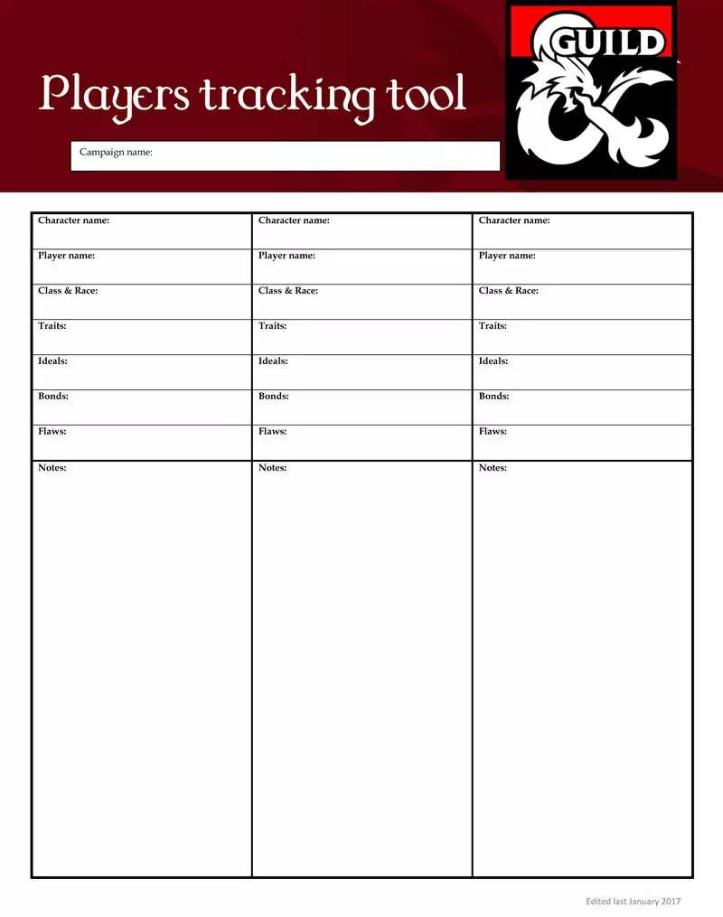 Player tracking sheet - Dungeon Masters Guild | DriveThruRPG