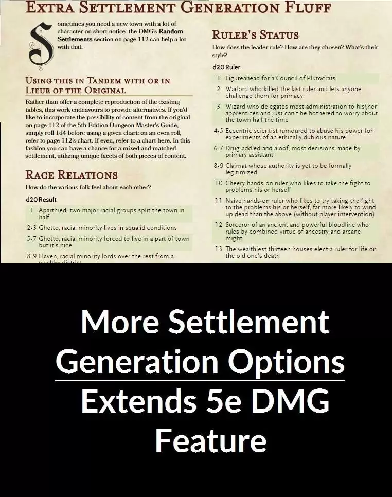 Extra Settlement Generation Tables - Dungeon Masters Guild | DriveThruRPG