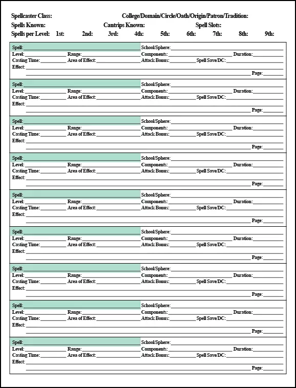 2e Style 5e Spell Sheet - Dungeon Masters Guild | DriveThruRPG