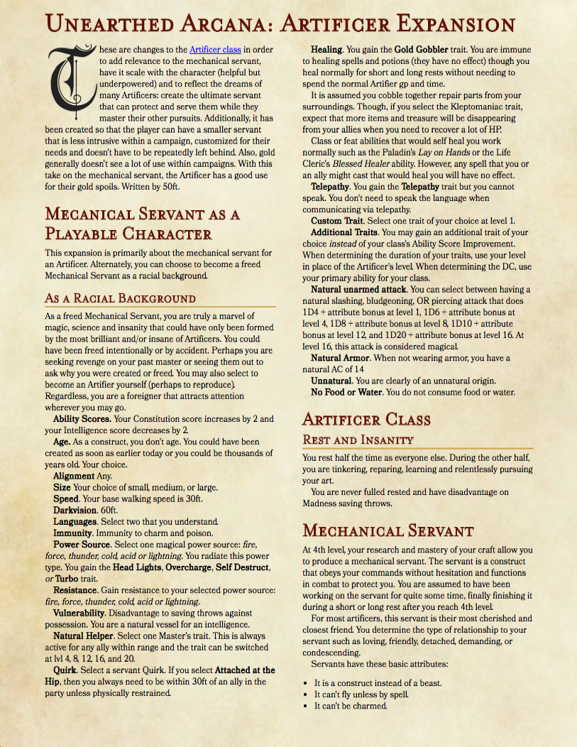 Artificer - Mechanical Servant Expansion w/Playable Mechanical Race ...