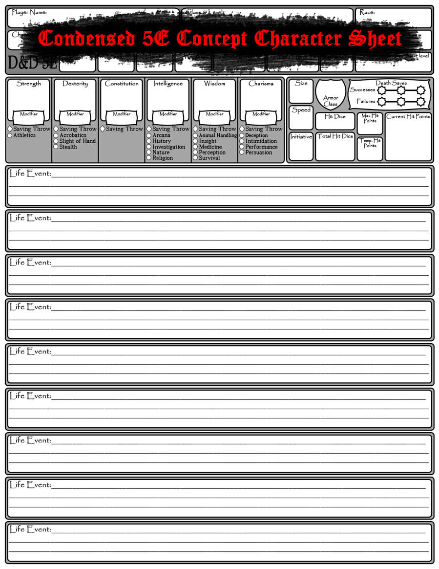 Condensed 5E Concept Character Sheet - Dungeon Masters Guild | DriveThruRPG