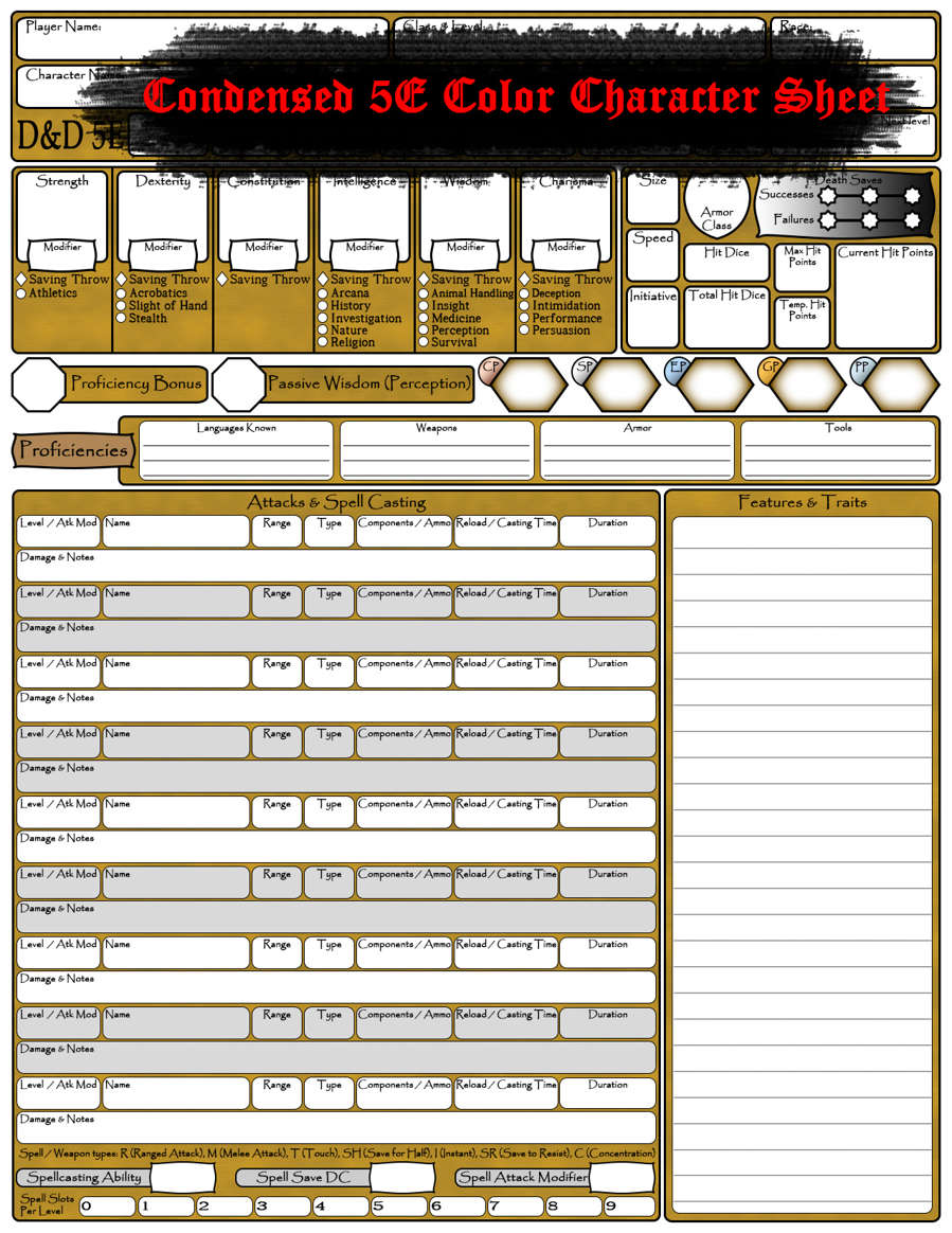 Condensed 5E Color Character Sheet - Dungeon Masters Guild | DriveThruRPG
