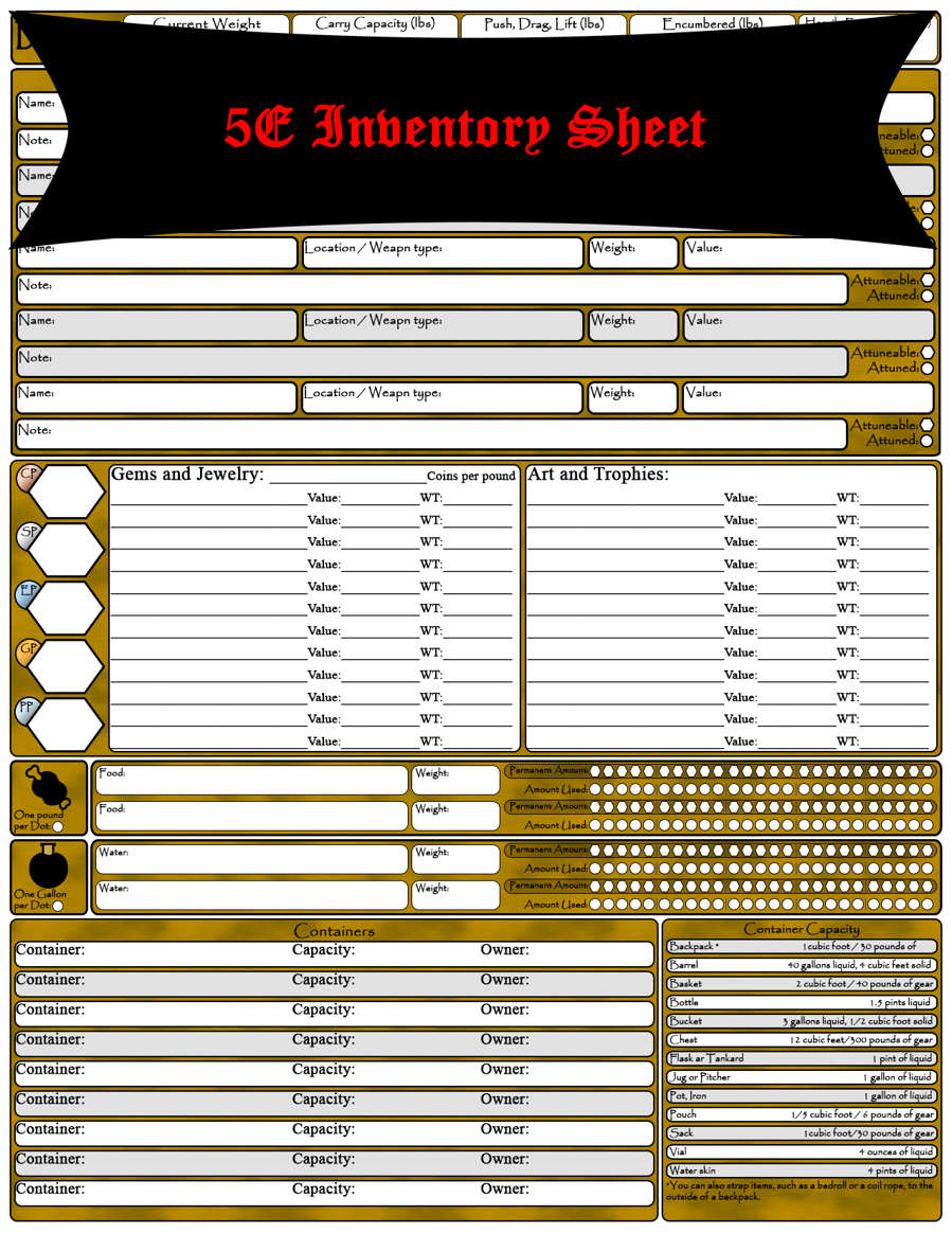 5E Expanded Inventory Sheet - Dungeon Masters Guild | DriveThruRPG