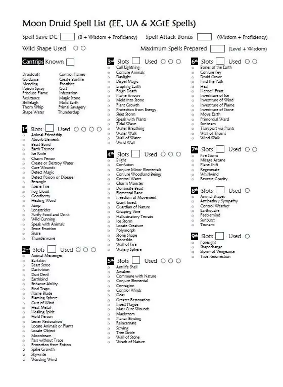 Moon Druid Complete Spell Sheet (EE, UA & XGtE) (EN & ES) - Dungeon Masters Guild | DriveThruRPG