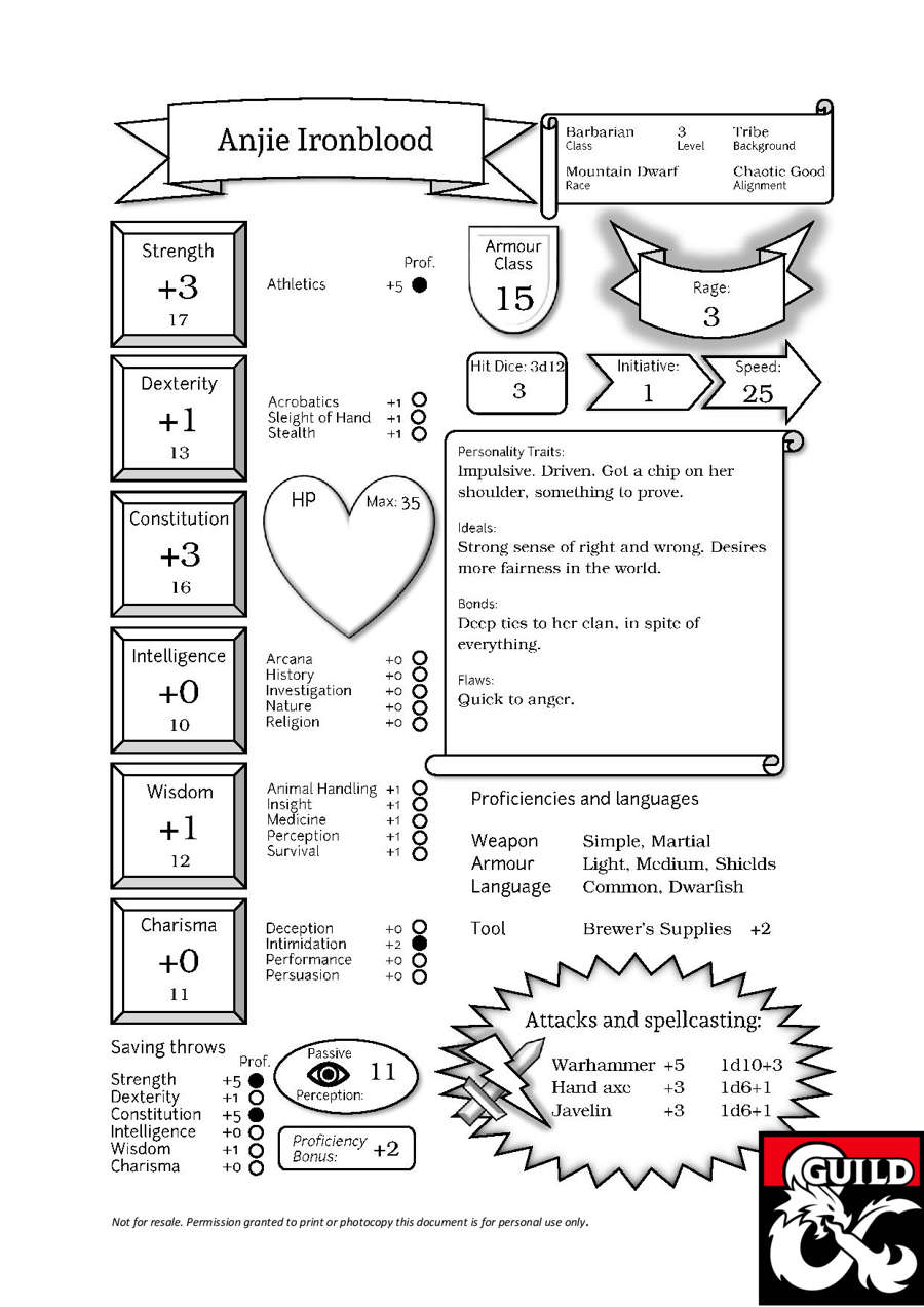 Anjie, the Dwarf Barbarian (Pregenerated Character Sheet for D&D 5e, no art) - Dungeon Masters ...