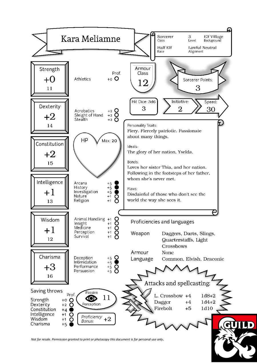 Kara, the Half-Elf Sorcerer (Pregenerated Character Sheet for D&D 5e ...