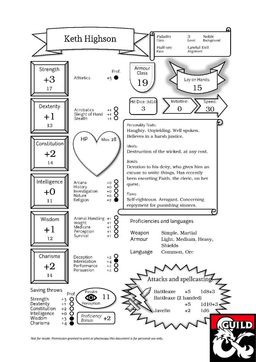 Keth, the Half-Orc Paladin (Pregenerated Character Sheet for D&D 5e, no ...