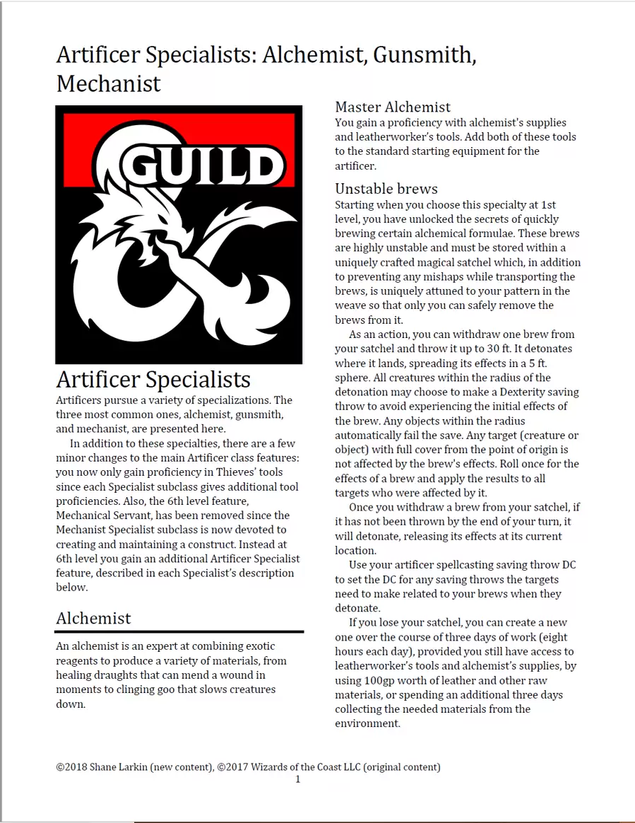 (5e) Artificer Specialists: Alchemist, Gunsmith, Mechanist - Dungeon ...