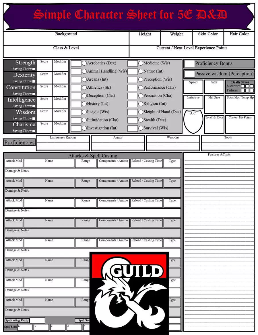 Simple Character Sheet for 5E - Dungeon Masters Guild | DriveThruRPG