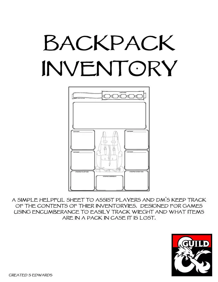 Backpack Inventory Sheet - Dungeon Masters Guild | DriveThruRPG