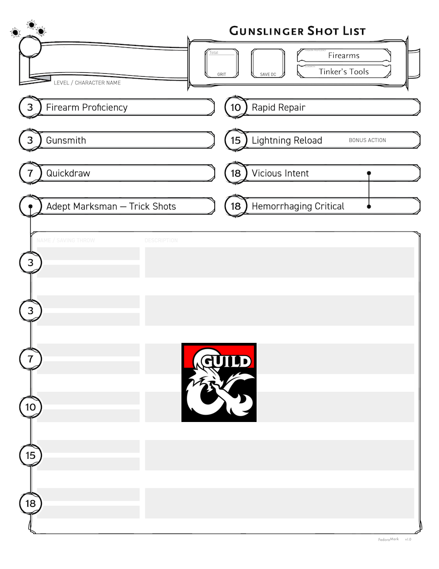 Gunslinger Shot Sheet - Dungeon Masters Guild | DriveThruRPG
