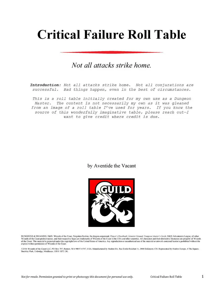 Critical Failure Roll Table - Dungeon Masters Guild | DriveThruRPG