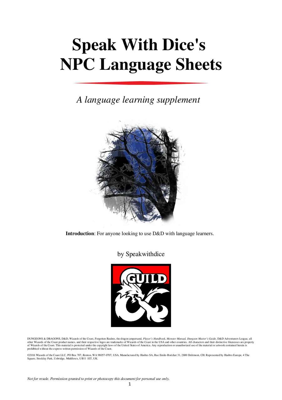 NPC Language Sheets - Dungeon Masters Guild | DriveThruRPG